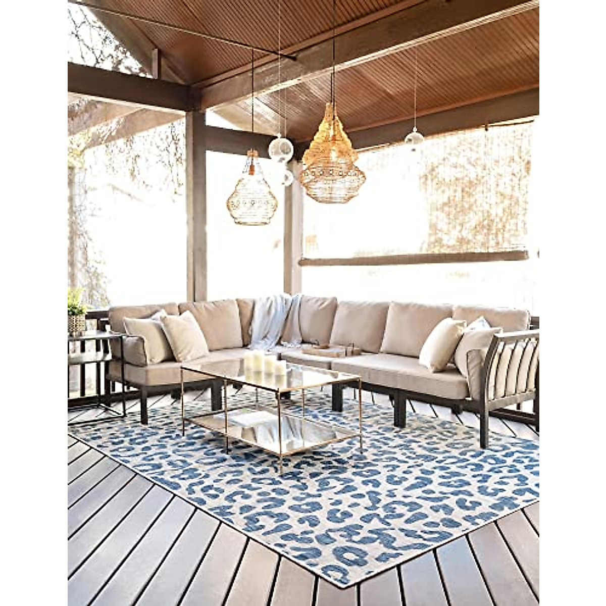 Rugs.com Outdoor Safari Collection Rug – 4' x 6' Blue Flatweave Rug Perfect for Entryways, Kitchens, Breakfast Nooks, Accent Pieces