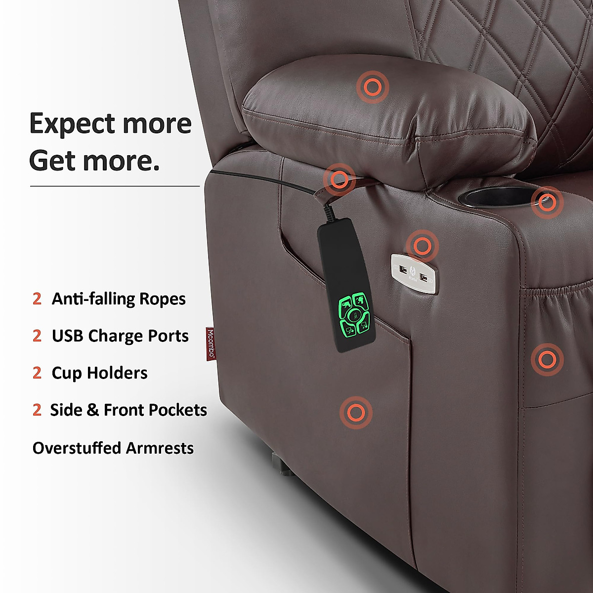 MCombo Small Size Power Lift Recliner Chair Sofa with Massage and Dual Heating, Adjustable Headrest for Elderly People Petite, USB Ports, Faux Leather 7111 (Dark Coffee)