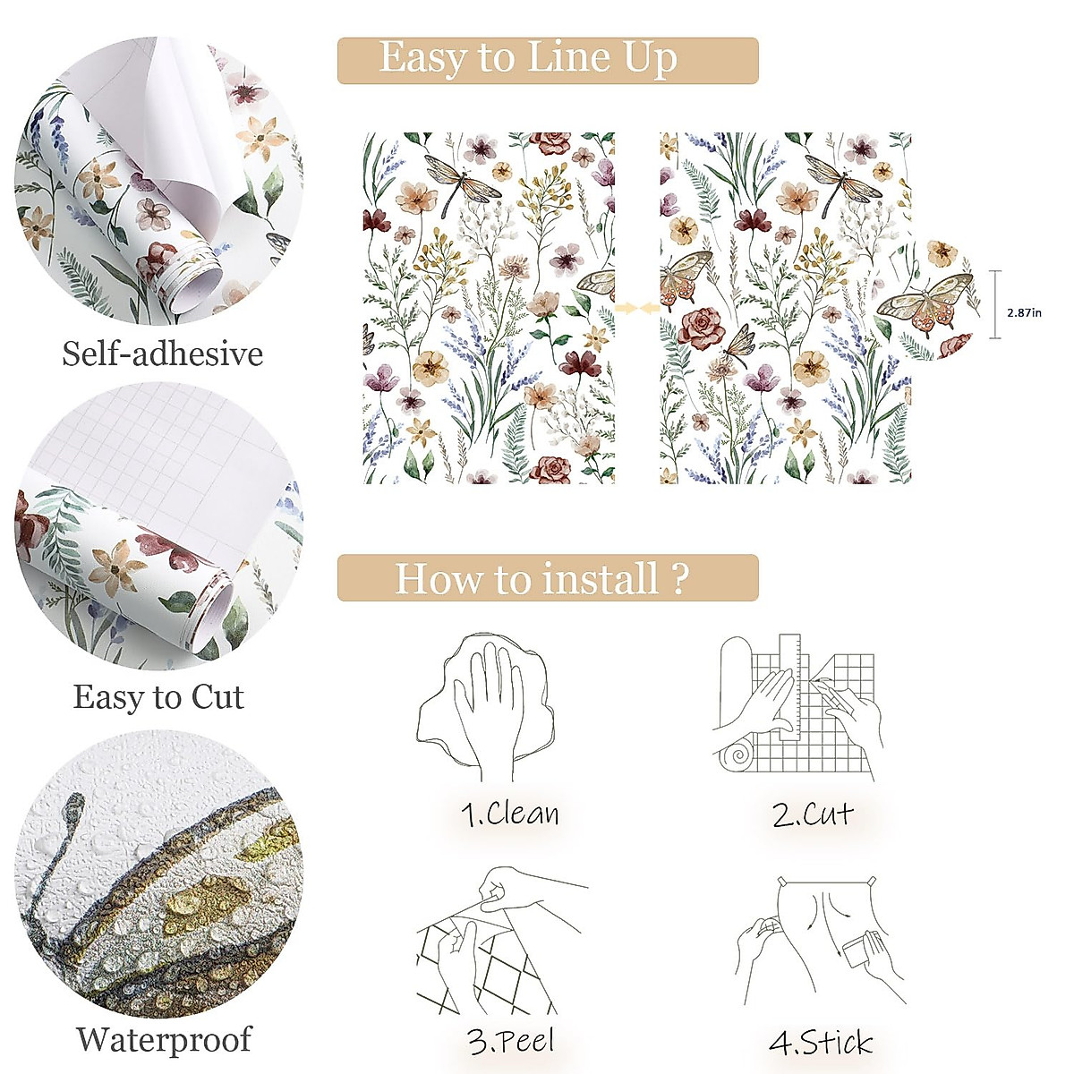 Orainege Floral Peel and Stick Wallpaper Boho Floral Contact Paper 15.7in x 118.1in Flower Wallpaper Self Adhesive Wallpaper for Bedroom Cabinets Decor Removable Wall Paper