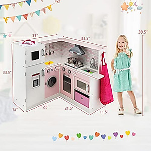 Costzon Kids Corner Kitchen Playset, Wooden Pretend Play Kitchen Toy Set w/Realistic Light & Sound, Washing Machine, Microwave, Oven, Stove, Ice Cube Dispenser, Utensils, Sink, Apron, Chef Hat-Pink