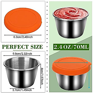 Soleebee 3 Pack Salad Dressing Containers to Go, 2.4oz Small Travel Condiment Containers, Reusable Stainless Steel Dipping Sauce Cups with Leakproof Silicone Lids for Bento Box (Purple/Green/Orange)