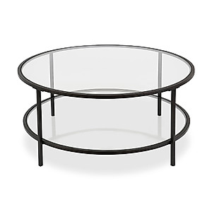 Henn&Hart 36" Wide Round Coffee Table with Glass Top in Blackened Bronze, Modern coffee tables for living room, studio apartment essentials