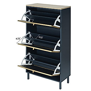 SSLine Industrial Shoe Cabinet with 3 Flip Down Storage Shelves Free-Standing Shoe Rack Elegant Wood Shoe Storage Organizer with Metal Rattan Door for Entryway Hallway Doorway (Blue&Gold-3 Door)
