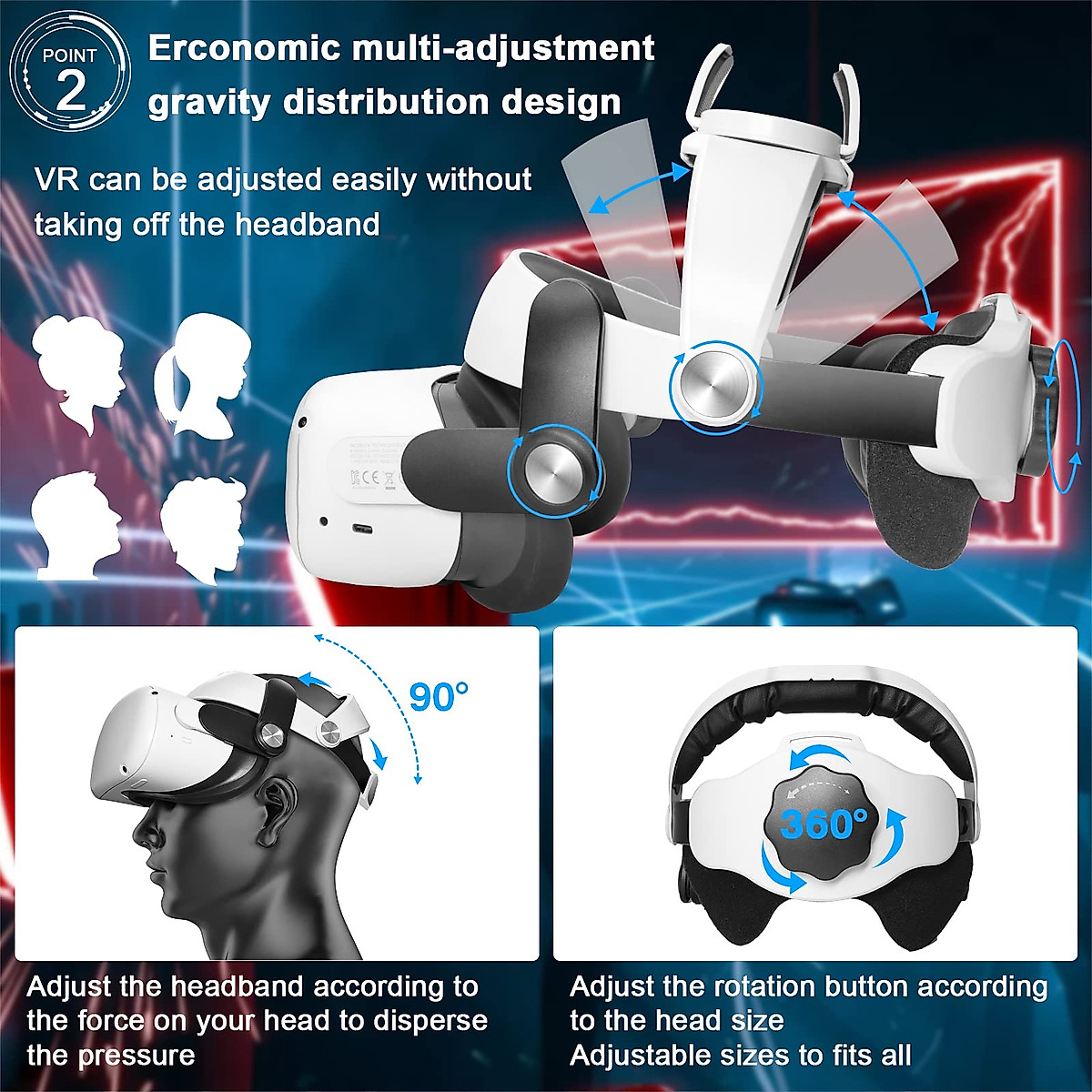 SiloKe 5-in-1 Adjustable Head Strap for Oculus/Meta Quest 2 Accessories, Replacement Elite Strap with Battery Bracket - Prolong Game Time, Advanced Support & Comfort in VR, Suitable for Adults & Kids