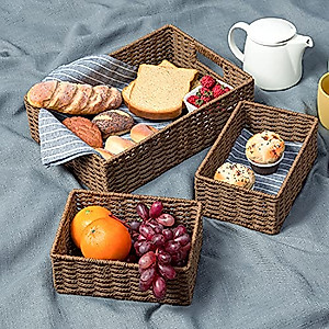 MyGift Brown Woven Small Storage Tray for Organizing, Multipurpose Nesting Basket Bin, Set of 3