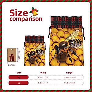 EVANEM Christmas Gift Bags with Drawstring Burlap Gift Bags Honeybee Christmas Linen Bags for Xmas Party Candy Bags with Cards Xmas Reusable Wrapping Bags Christmas Linen Treat Bags for Holiday