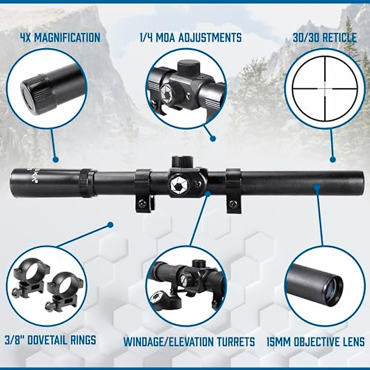 Barska 4x15 Rimfire Riflescope with Crosshair Reticle Parallax Free 50 Yards for Short Rimfire Ranges