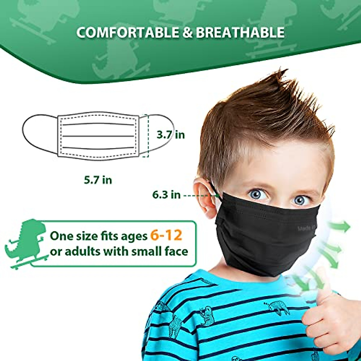 FriCARE ECOGUARD Kids Face Mask, Made-in-USA, 3-Layer Disposable Mask for Children, Breathable & Comfortable, 50 Pack (Black)