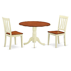 East West Furniture DLAN3-BMK-W 3 Piece Dinette Set for Small Spaces Contains a Round Dining Table with Dropleaf and 2 Kitchen Dining Chairs, 42x42 Inch, Buttermilk & Cherry