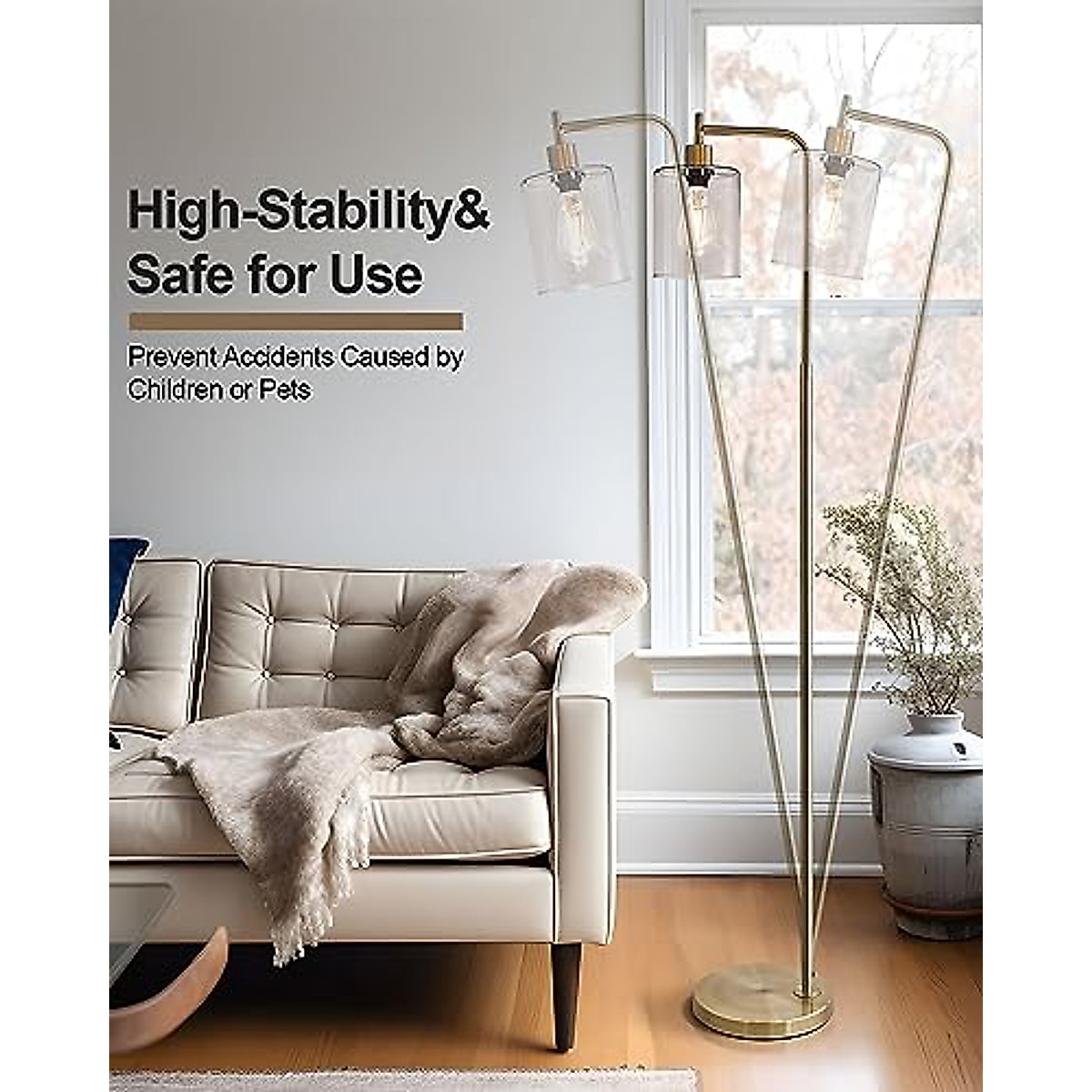 Oneach 66.5 '' Industrial Floor Lamp for Living Room Modern Standing Lamps with Hanging Clear Glass Shade Reading Tall Pole Lamp for Bedroom Office Study Room AB Antique Brass（Bulb Included）