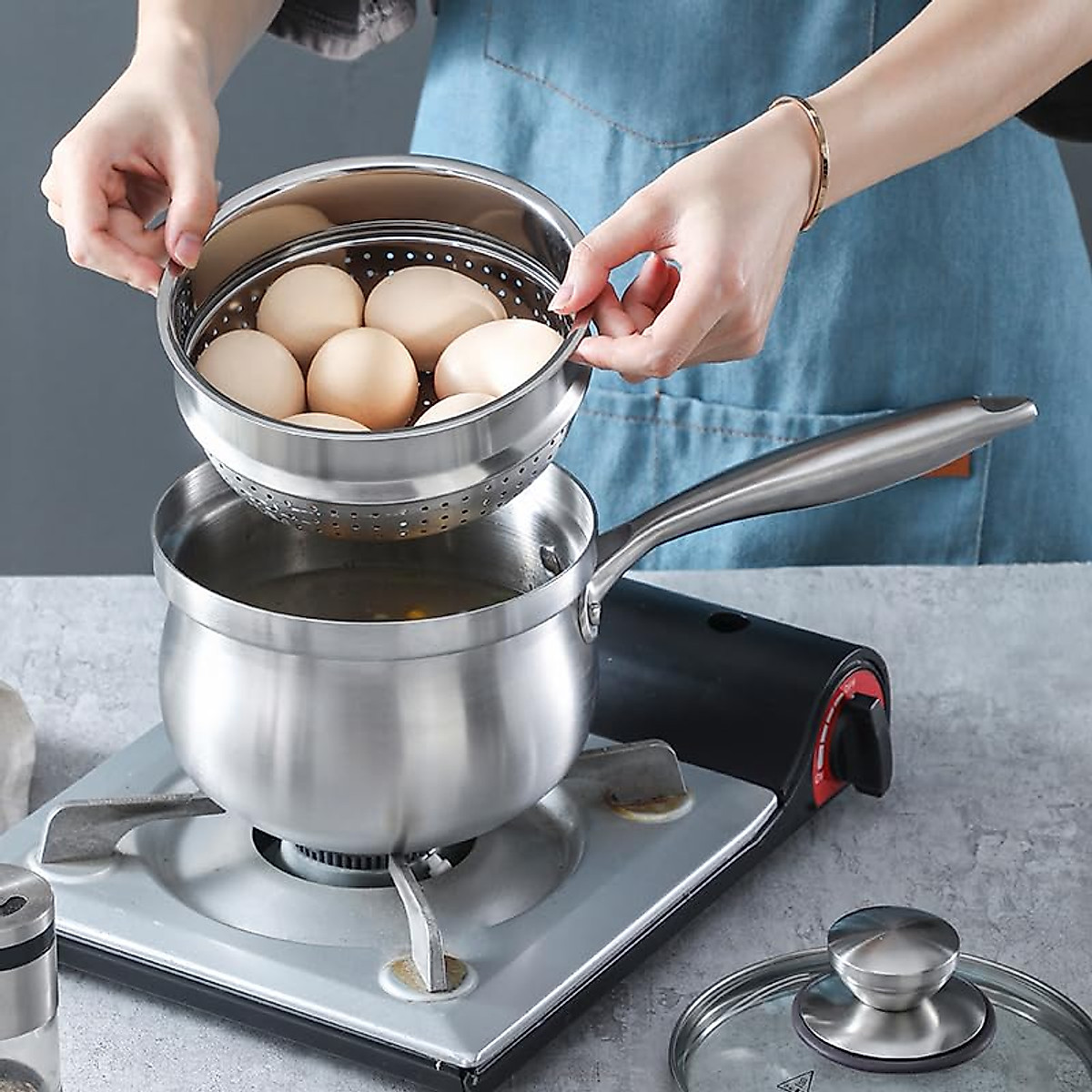Tri-Ply Whole-Clad Stainless Steel Saucepan with Steamer,1.5 Qt Small Multipurpose Pot, Milk Pot,1.5 Quart Sauce Pan with Steamer for Cooking with Stay-cool Handle.