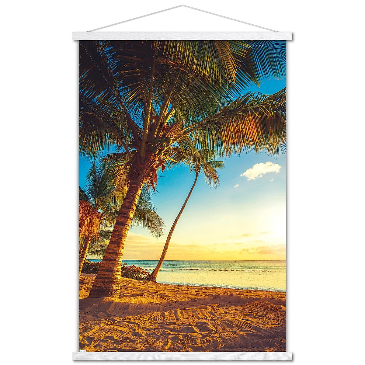 Trends International Scenery-Sunset on The Beach Wall Poster with Magnetic Frame, 22.375" x 34", Premium Print and White Hanger Bundle