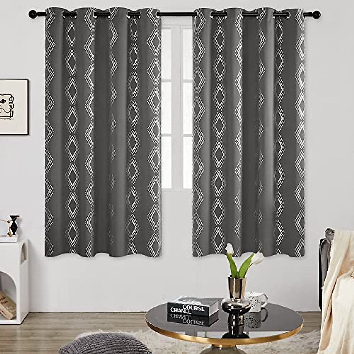 Deconovo Grey Blackout Curtains with Geometric Pattern, Living Room Curtains 72 Inch Length, Soundproof Window Panels for Nursery (Grey, 52W x 72L Inch, 2 Panels)