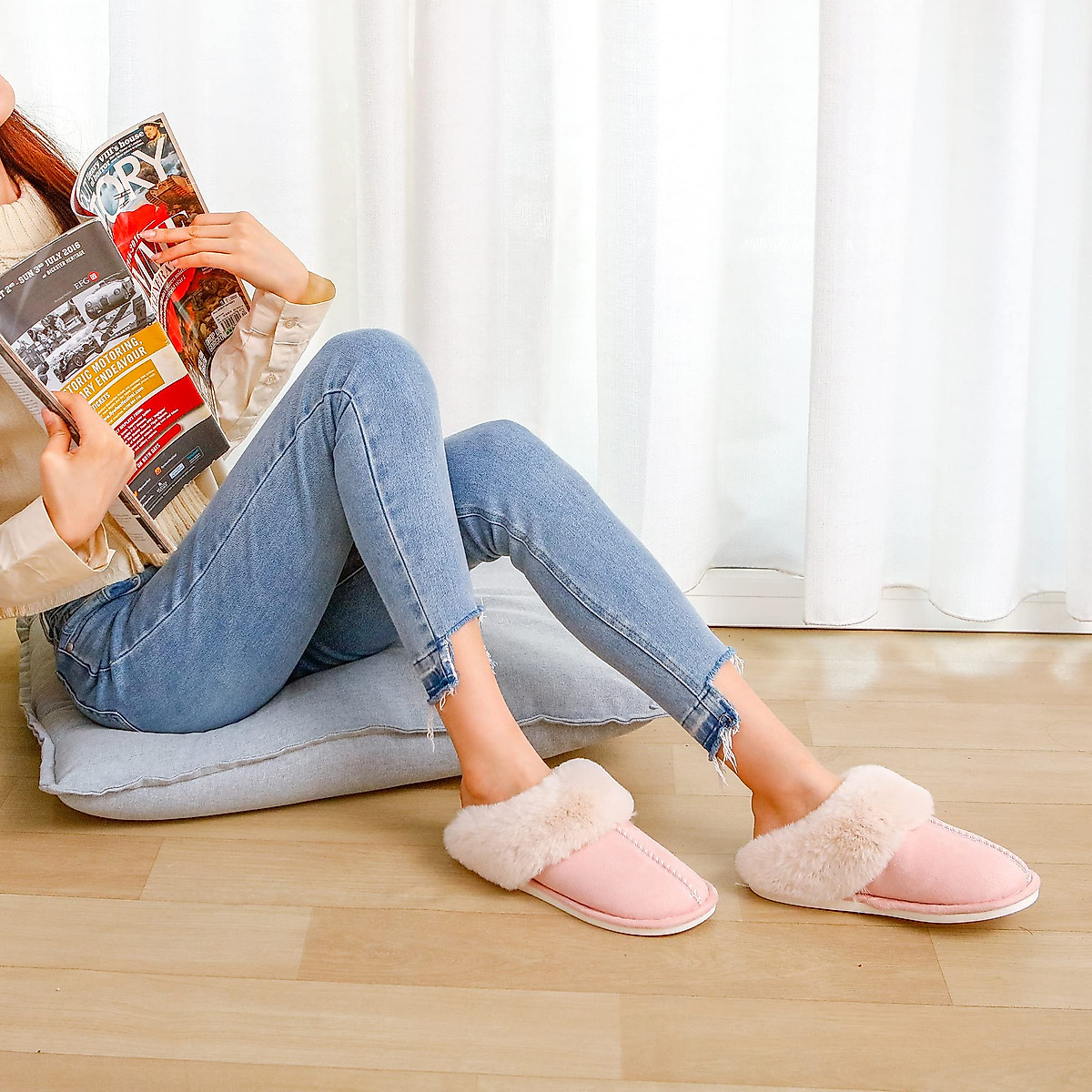 JANERIW Womens Slippers Cozy Warm Winter Slip On House Shoes Fluffy Soft Memory Foam Comfy Faux Fur Plush Anti-Skid Indoor/Outdoor(Pink)