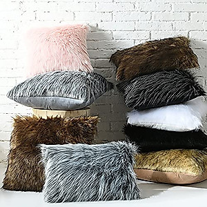 Pack of 2 Luxury Faux Fur Throw Pillow Cover, Modern Chic Blush Pink Decorative Square Pillowcase for Sofa, Chair, Bed, Loveseat, Shaggy Fluffy Cushion Cover with Zipper Closure, 16"x16"