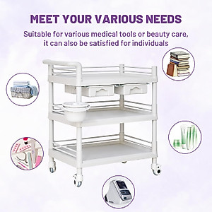 biosp Medical Trolley 3 Tier 500 Lbs Heavy Duty Professional Utility Cart Spacious Beauty Salon Rolling Trolley with 360°Rotate Wheels, Dirt Bucket & Drawer for Hospital Dental Clinic, White