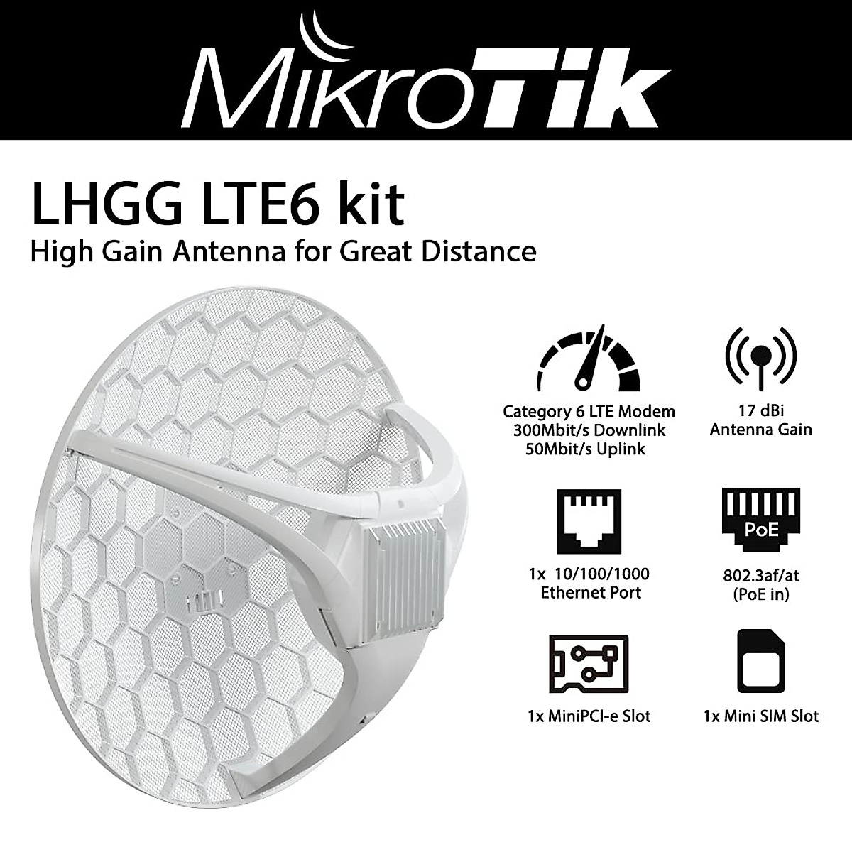Mikro Tik LHGG LTE6 kit RBLHGGR&R11e-LTE6 High-gain 17 dBi Grid Antenna with 300 Mbps CAT6 LTE Modem