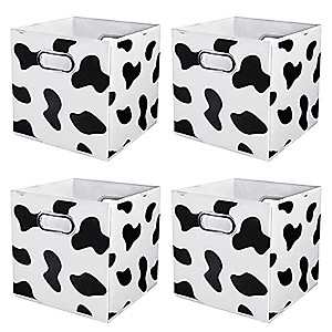 ANMINY 4PCS Storage Cubes Set Cow Print Large Cotton Linen Storage Bins Boxes Baskets with Handles PP Plastic Board Foldable Desktop Closet Shelf Organizer Container for Home Office - 11"x 11"x 11"