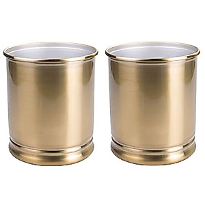 mDesign Steel Stylish Round Trash Can, Wastebasket Storage Container Bin - for Bathroom, Bedroom, Powder Room, Kitchen, Home Office - Holds Garbage, Waste, Trash - 2 Pack - Soft Brass