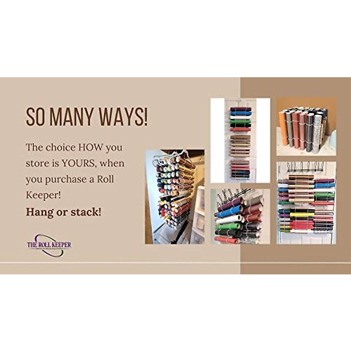 The Roll Keeper, Vinyl Roll Holder and Craft Room Organizer, Hanging Adjustable Rack, Diamond Painting Accessories,Closet, Door and Wall Mount, Holds 36 Roll (White Elastic)