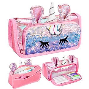 LISEVO Cute Pencil Case, 3D Pencil Pouch for Girls Kids, Sparkly Pencil Bag with Sequins for Students, Glitter Bling School Supplies Stationary Pen Holder