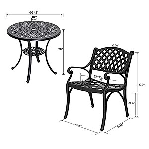 Nuu Garden 3 Pieces Patio Bistro Set, Cast Aluminum Patio Dining Set with Umbrella Hole All-Weather Garden Table and Chairs for Yard, Balcony, Black with Antique Bronze Edging