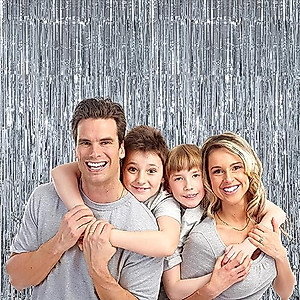 4 Pack 3.2x8.2ft Tinsel Foil Fringe Curtains, Streamers Backdrop Curtains with Adhesive, Photo Booth Background - Home Wall Window Decorations for Birthday, Wedding Party Decor, Silver