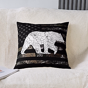 American Flag Pillow Cover 18x18 Inch Bear Animal Silhouette with Irregular Camo Pattern Cushion Cover for Bedroom Sofa Office Boho Rustic Style Pillow Case for Kids Teens Adults