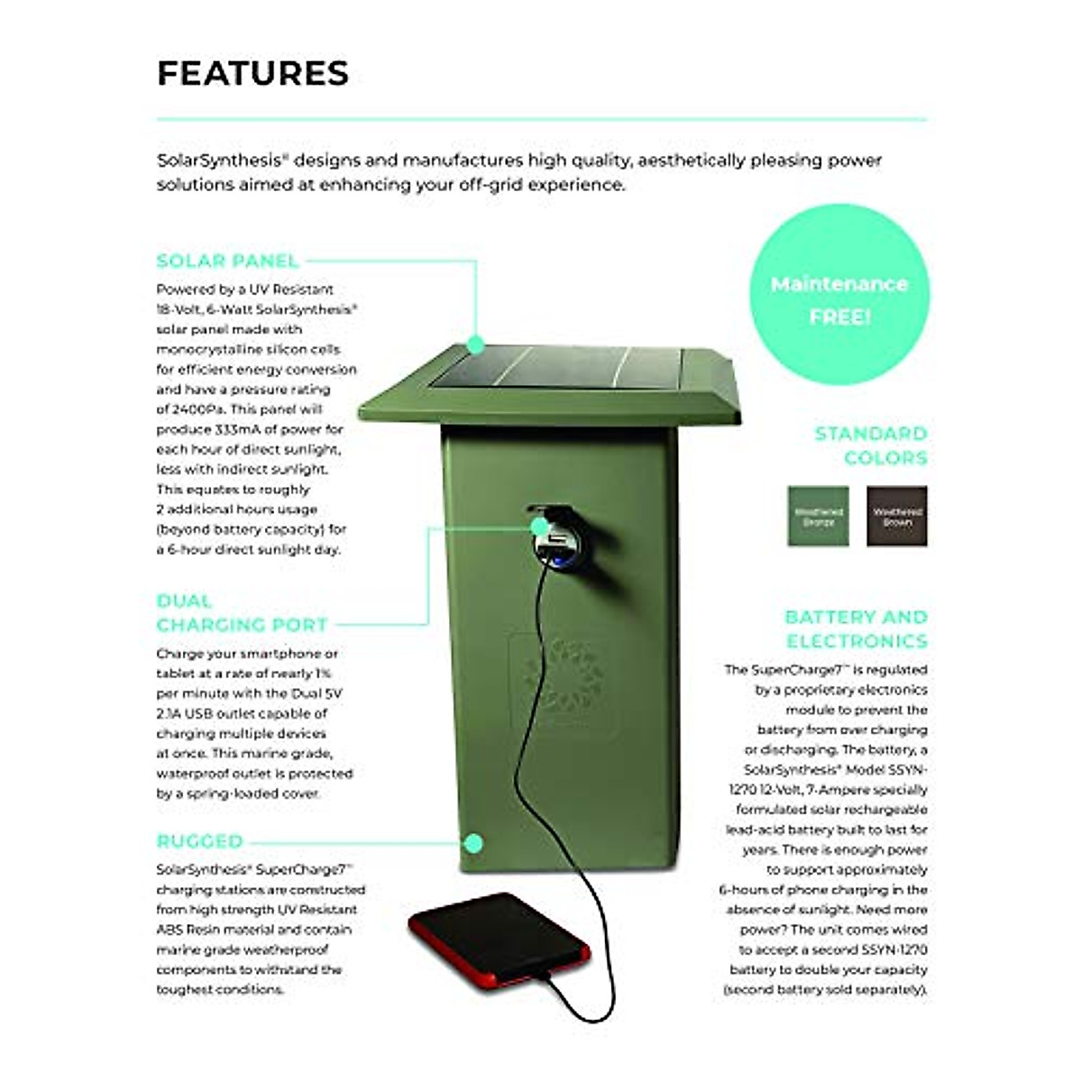SuperCharge7™ Solar Powered USB Charging Station in Weathered Bronze, Cell Phone Charger, Outdoor, Weatherproof