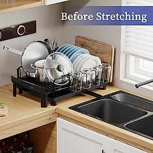 Fixwal Large Dish Drying Rack Expandable Dish Rack for Kitchen Counter, Rust-Resistant Metal Dish Drainer with Cup Holder, Cutlery Holder and Utensil Holder, Black