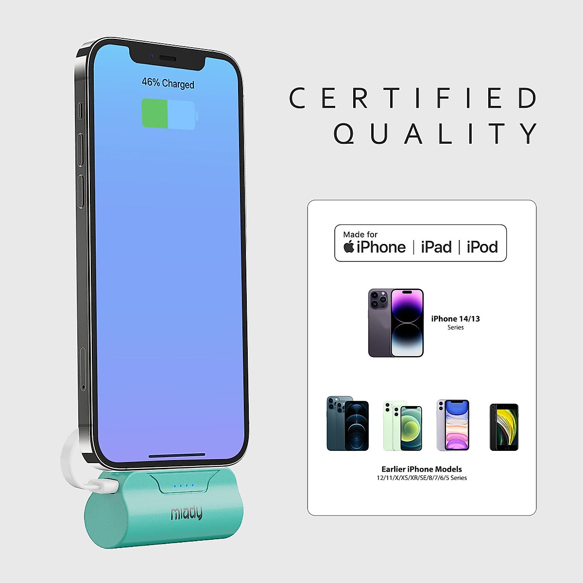 Miady 5000mAh Mini Portable Charger for iPhones, MFI-Certified Portable Phone Charger, Backup Battery Pack Charger Compatible with iPhone 14/13/12/11/X/XS/XR/8/7/6/5 Series (Lake Green)