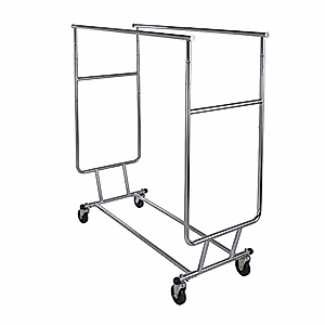 Econoco Double Hangrail Rolling Clothes Rack- Heavy Duty Collapsible Clothing Rack, Commercial Grade Clothing Display, Round Tubing Rolling Rack, Chrome