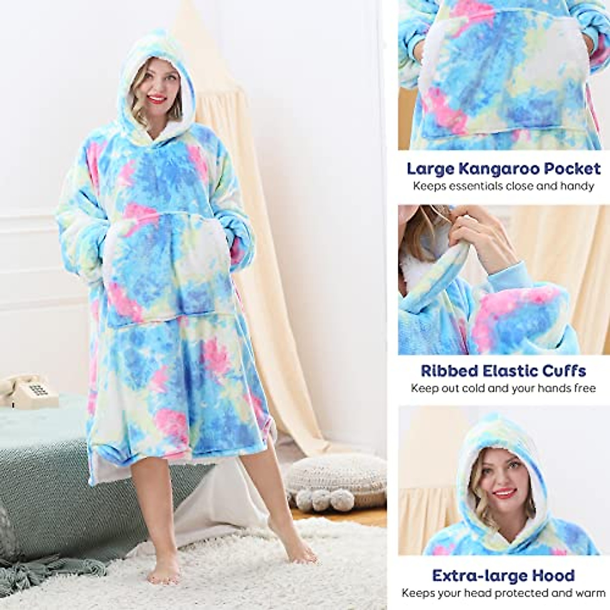 Uttermara Oversized Blanket Hoodie for Adult, Sherpa Fleece Wearable Blanket with Cozy Hood, Ultra Soft Warm Comfortable Sweatshirt with Large Pocket and Sleeve, One Size Fits All, Blue Purple Tie Dye