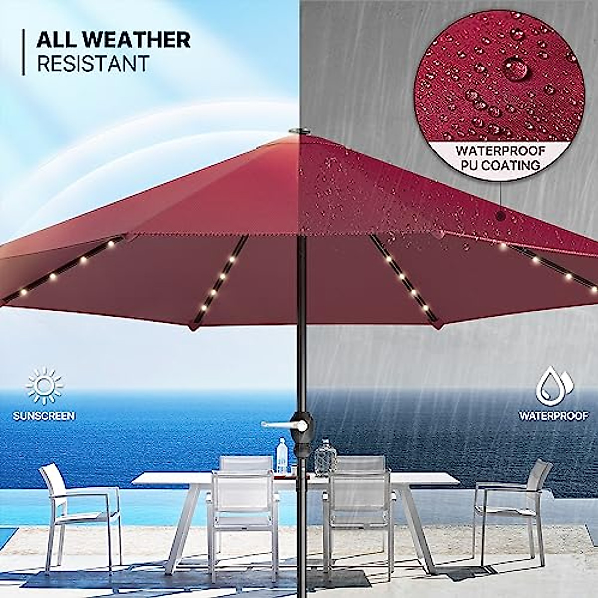MoNiBloom 9 ft Patio Umbrellas Solar LED Lighted Patio Market Crank Lift Water-proof Umbrella with 8 Ribs and Sturdy Pole for Yard Garden Poolside Patio, Burgundy
