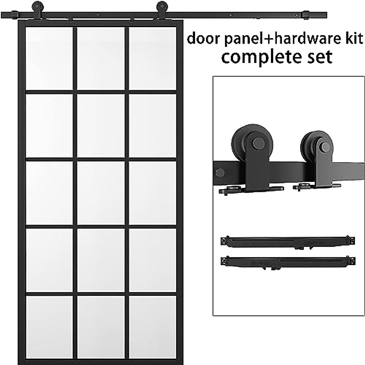 BARNSMITH 42in x 84in Frosted Glass Barn Door with 7FT Top Mounted Hardware kit Soft Close Mechanism DIY 15 Lites Tempered Modern Aluminum Sliding Glass Door Slab Disassembled Easy Installation