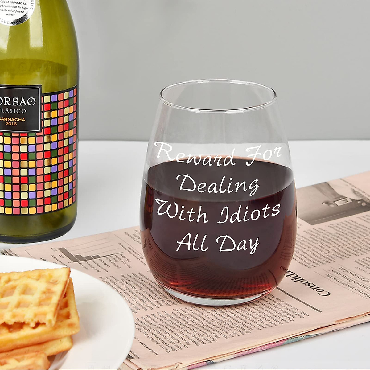 Futtumy Reward For Dealing With Idiots All Day Stemless Wine Glass 15oz, Funny Wine Glass for Men Women Friend Coworker, Novelty Christmas Gift Birthday Gift Gag Gift White Elephant Exchange Gift