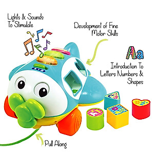 Musical Shape Sorter Plane, Pull-Along Toy - Talking and Singing Airplane Toy with Music for Toddlers and Kids, Ages 12 Months+