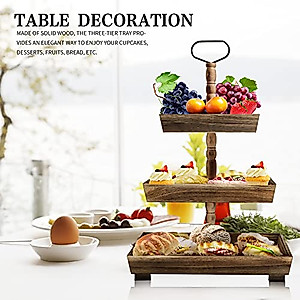 Farmhouse 3 Tiered Serving Tray Décor with Wooden Bead Garland, Large Rectangular Rustic Tiered Cupcake Wood Stand for Home Kitchen Table Fall Halloween Christmas Decoration, Brown