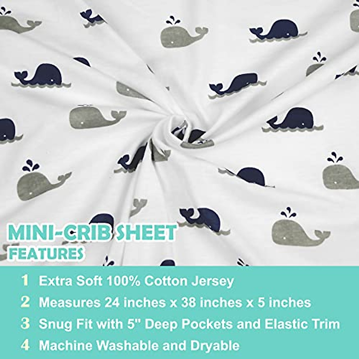 TL Care 2 Pack Fitted Mini Crib Sheet 24" x 38", Soft Breathable Neutral 100% Cotton Jersey Portable Sheet, Navy Whale/Gray Zigzag, for Boys and Girls, Fits Most Pack N Play Mattresses