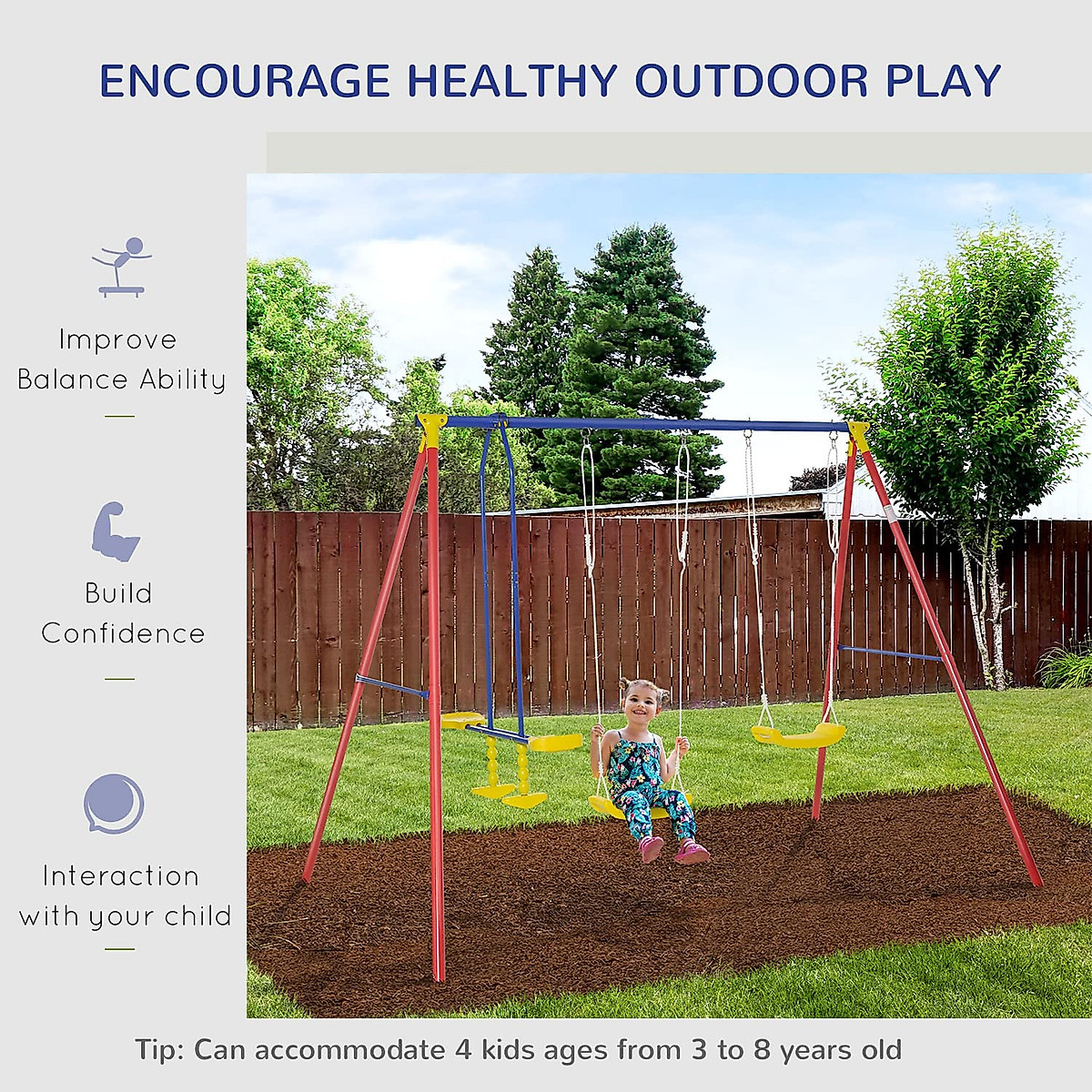 Outsunny Metal Swing Set with Glider, Two Swing Seats and Adjustable Height, Outdoor Heavy Duty A-Frame Suitable for Playground, Backyard, Multi-Color