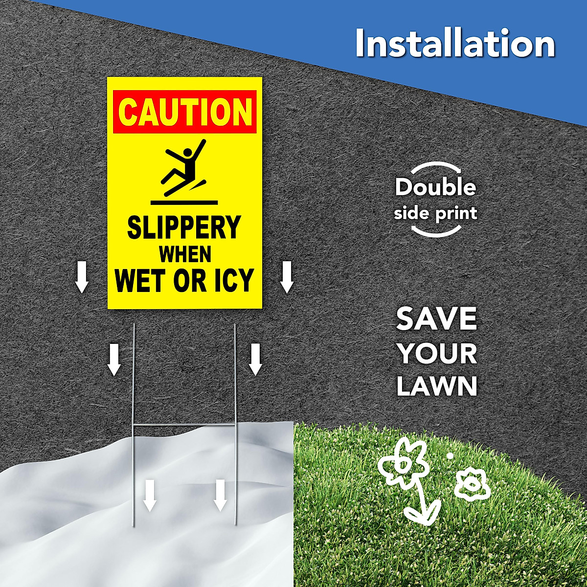 Caution Slippery When Wet or Icy - 8 x 12 Double Sided Coroplast Warning Slippery When Wet Sign - Caution Ice Sign - Caution Wet Floor Sign Yellow