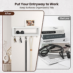 Lwenki Wall Shelf with Hooks - Decorative Key and Wallet Holder for Wall Holds Sunglasses, Leashes, Scarves and Lanyards - 15.7" x 5.1" x 2.9" Entryway Organizer Made of Paulownia Wood (White)