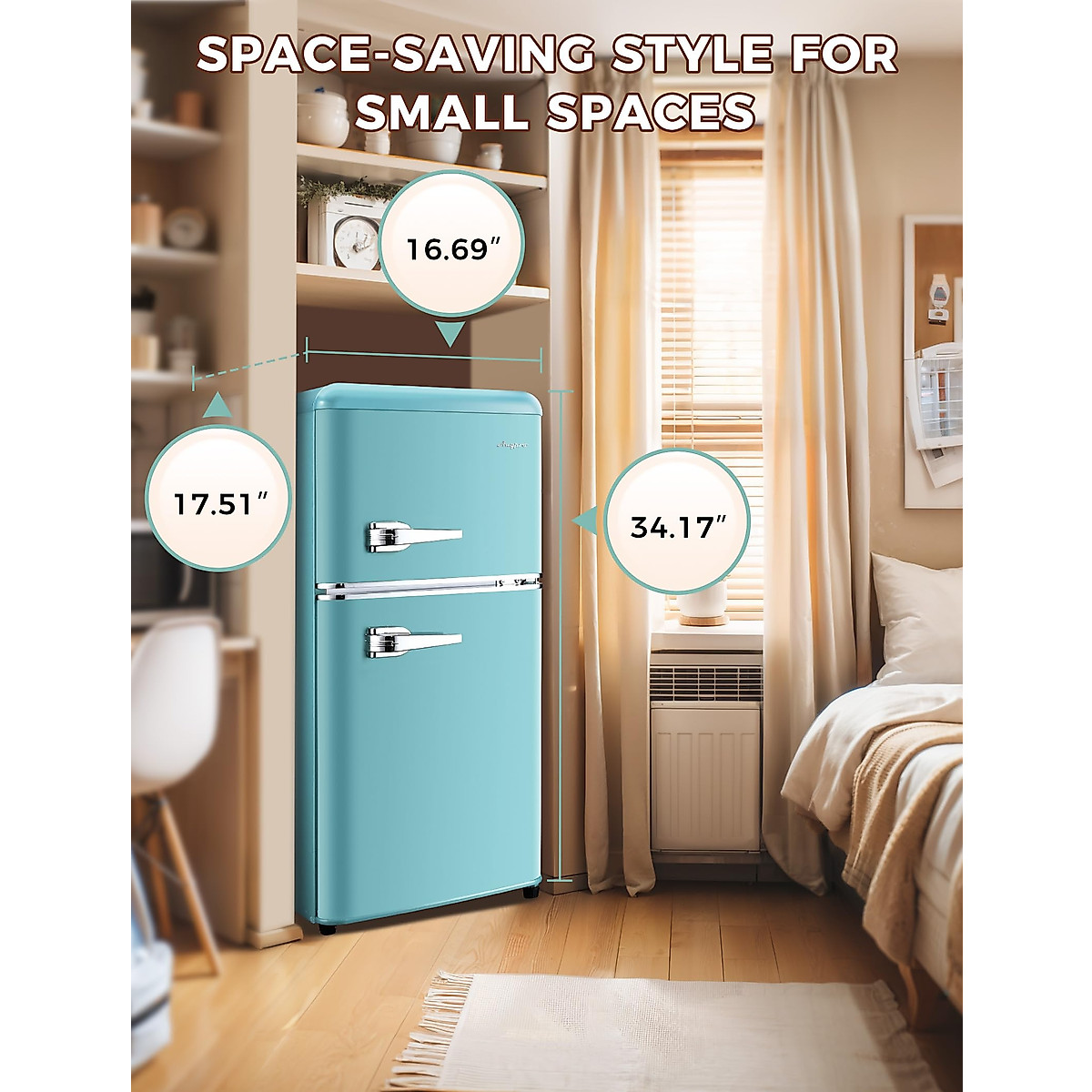 Anypro 3.2 Cu.Ft Compact Refrigerator, Mini Fridge with Freezer, Retro Double Door Small Fridge, 7 AdjustableTemperature Settings, Removable Shelves, Small Refrigerator for Dorm, Office, Bedroom, Blue