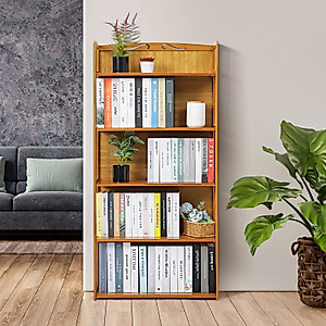 MoNiBloom Bamboo Bookcase with Decorative Carvings, Bamboo 5-Tier Adjustable Book Shelf Stand Storage Organizer for Living Room Kitchen Office Garden, Natural