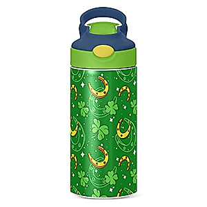 xigua Saint Patrick's Day Kids Water Bottle Double Walled Stainless Steel with Plastic Straw Wide Handle BPA-Free Leakproof Duck Mouth for Toddlers,Girls,Boys,12 oz
