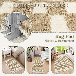 Lahome Checkered Boho Rug for Bedroom, 3x5 Entry Rug Washable Cotton Area Rug Indoor Bath Door Mats with Tassels, Farmhouse Kitchen Rugs Non-Shedding Cotton Area Rug for Entryway Dorm, Khaki