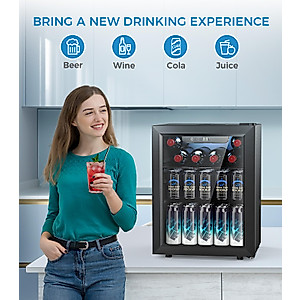 Joy Pebble Beverage Refrigerator and Cooler,1.7 Cu.ft,68 Can Mini Fridge Clear Glass Door for Wine Soda Beer,16 Bottle Wine Cooler with Touch Screen Adjustable Shelves for Home Bar Office,Black