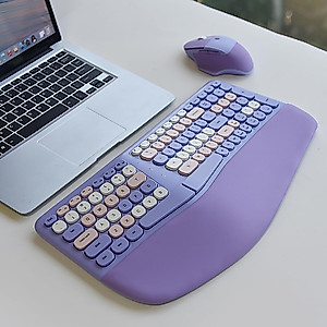 Wireless Ergonomic Keyboard and Mouse Combo with PU Wrist Rest, Carpal Tunnel Keyboard, 2.4G Colorful Split Ergo Keyboard, Comfortable Natural Typing, Compatible with PC/Laptop (Purple)