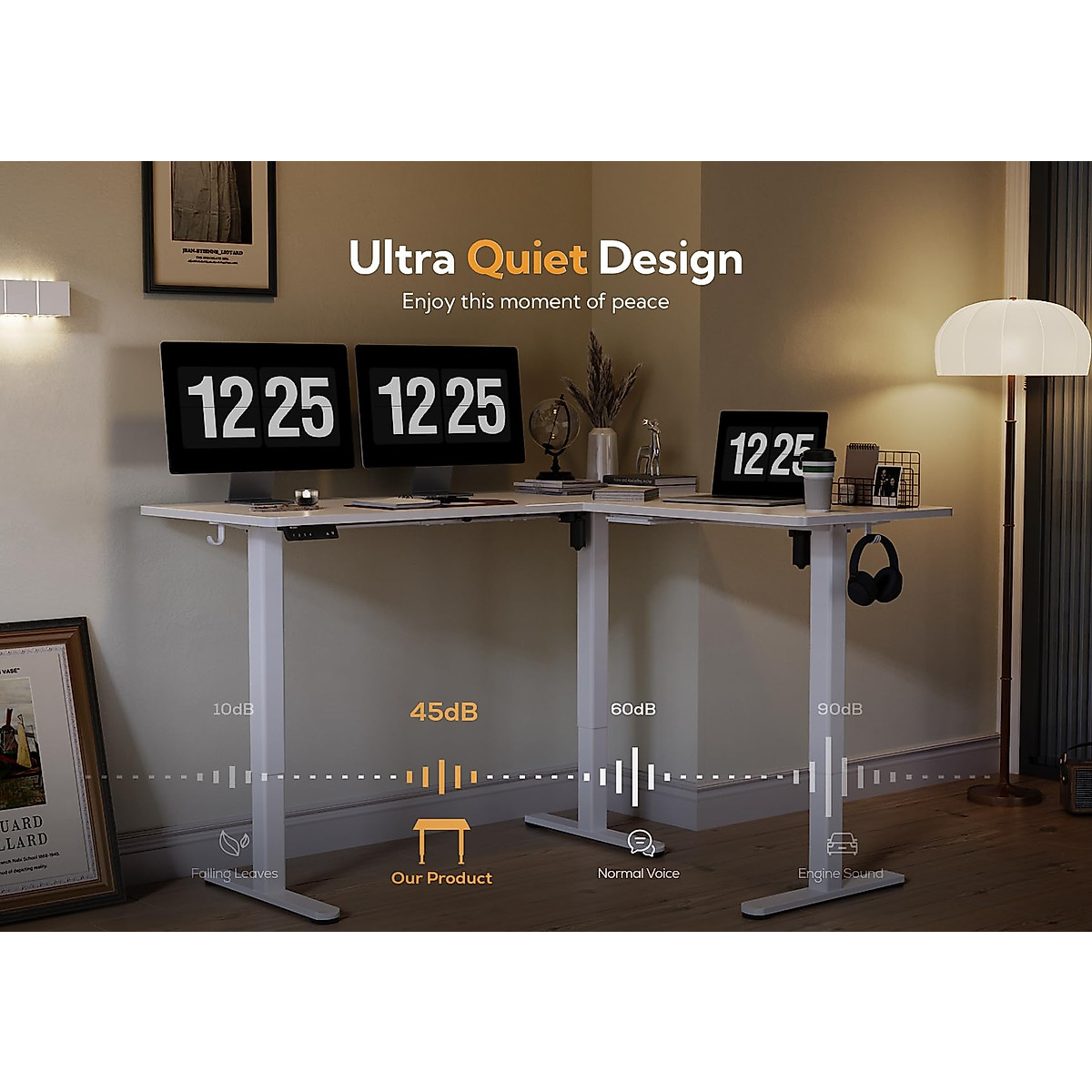 Claiks L Shaped Standing Desk Adjustable Height, Dual Motor Electric Corner Standing Desk, 63x55 inch Sit Stand up Desk with Splice Board, White