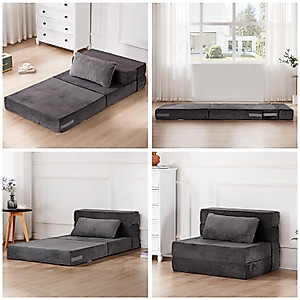 SINWEEK 6 Inch Folding Sofa Bed Memory Foam Folding Mattress Topper with a Pillow and Storage Bag Fold Out Chair Bed Foldable 4-Piece Sleeper Couch with Machine Washable Cover 75 x 31 Cot Size